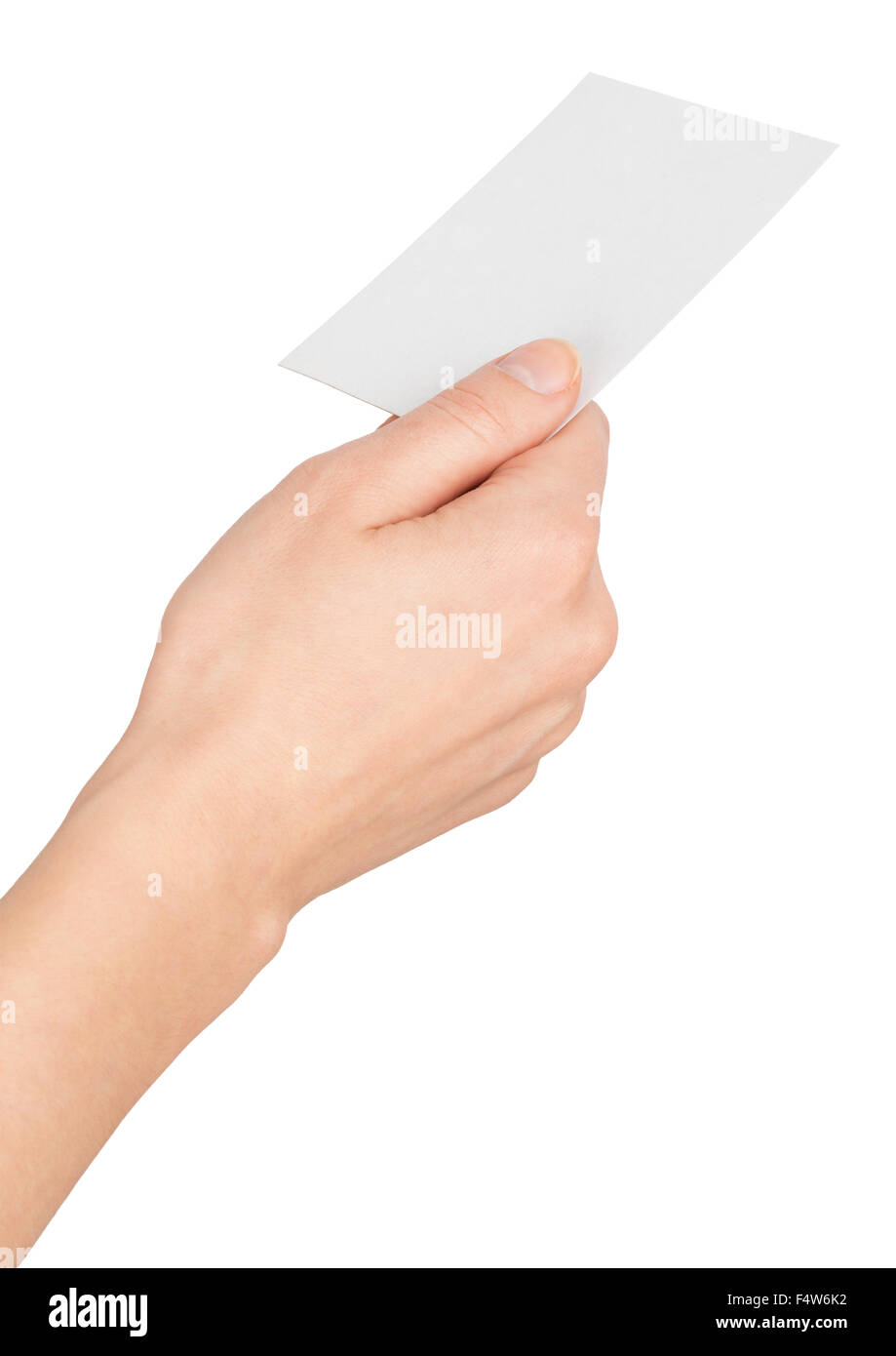 Womans hand giving small empty card Stock Photo - Alamy