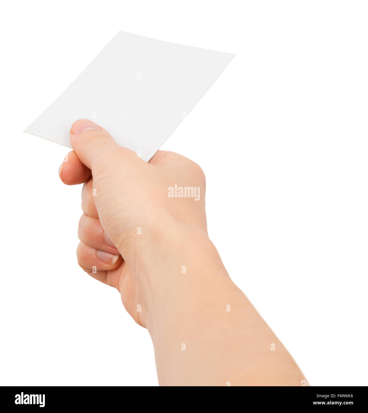 Womans hand giving small blank paper Stock Photo - Alamy
