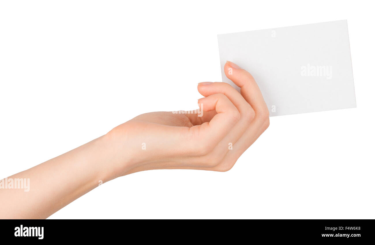Womans hand offering small empty card Stock Photo - Alamy