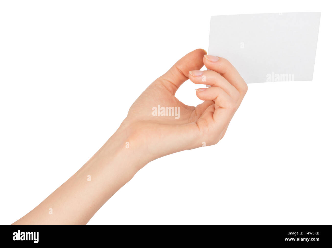 Womans left hand offering small empty card Stock Photo - Alamy