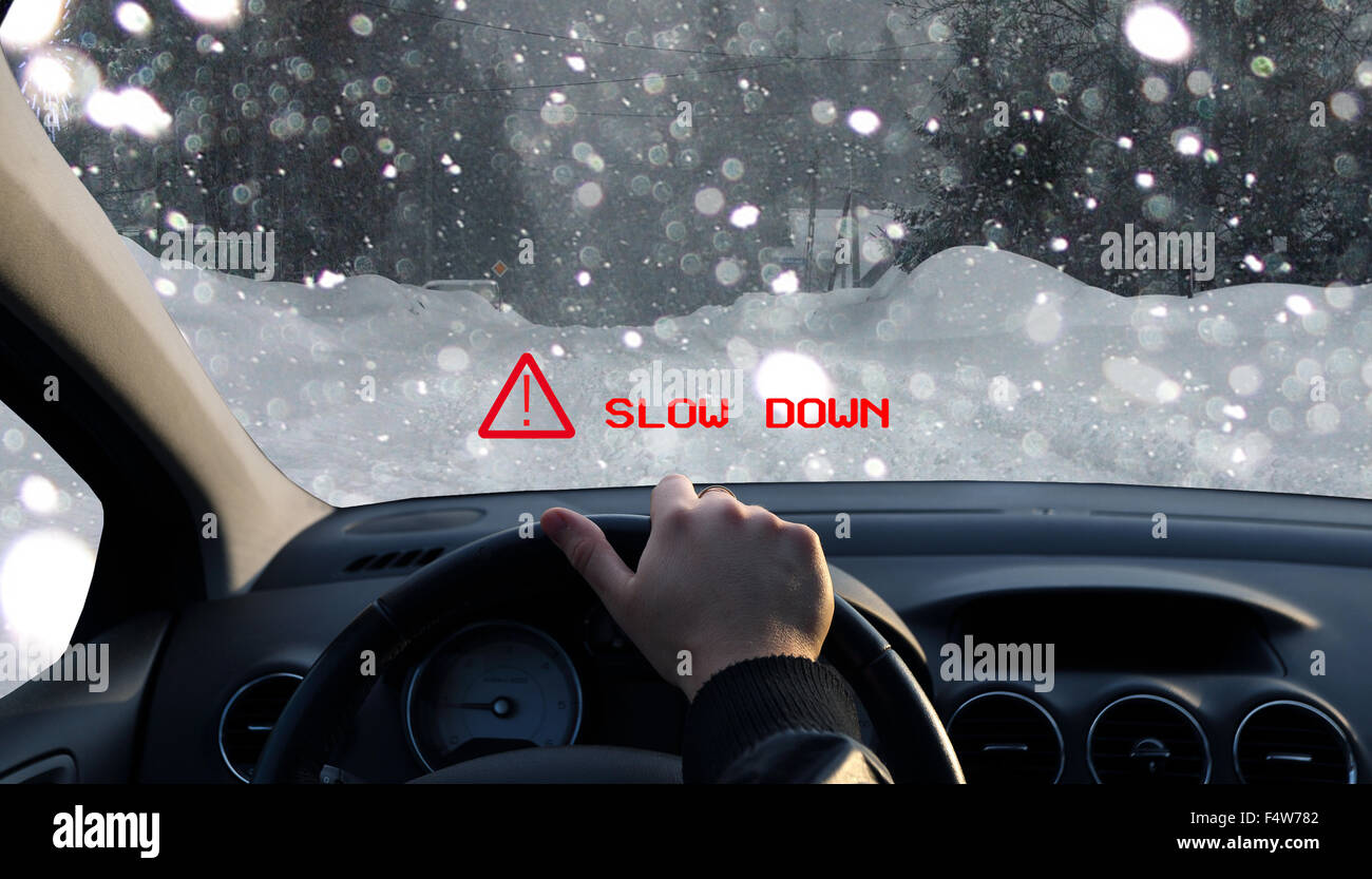 Technology displays a warning on windshield about the bad conditions of ...