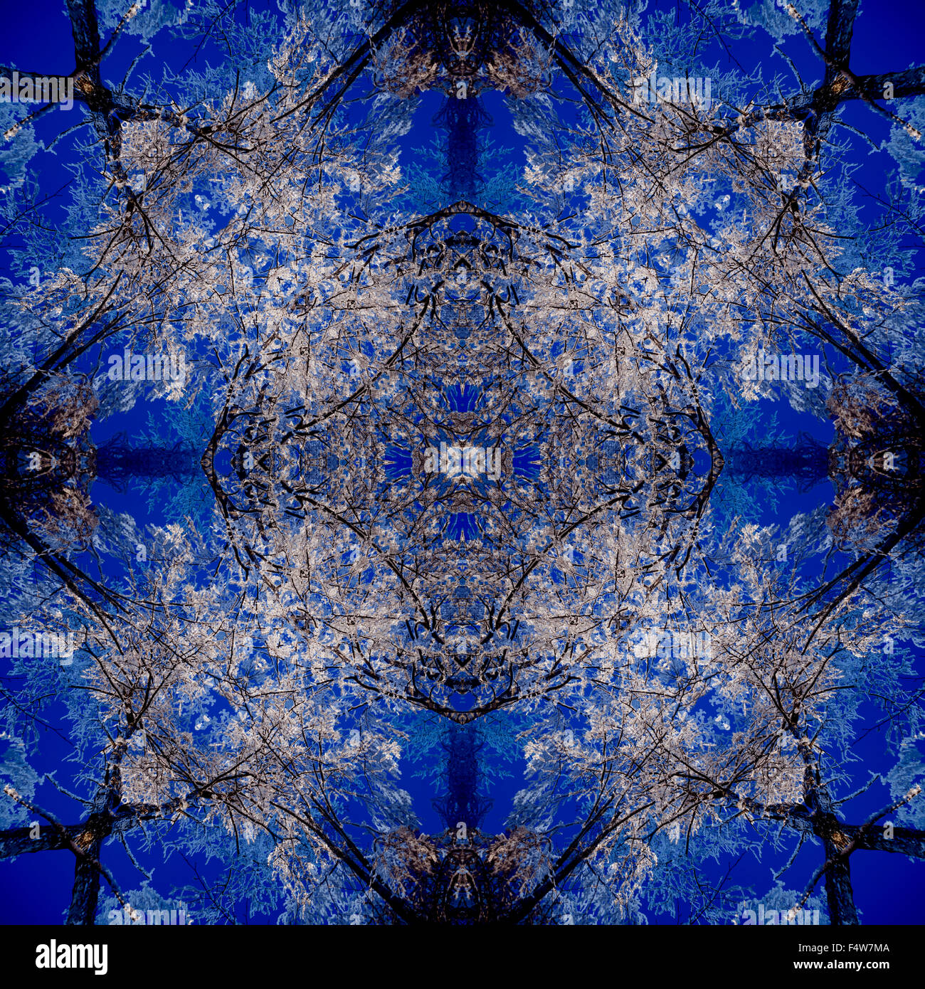 Symmetrical pattern in shades of blue, to the background or poster. The ...