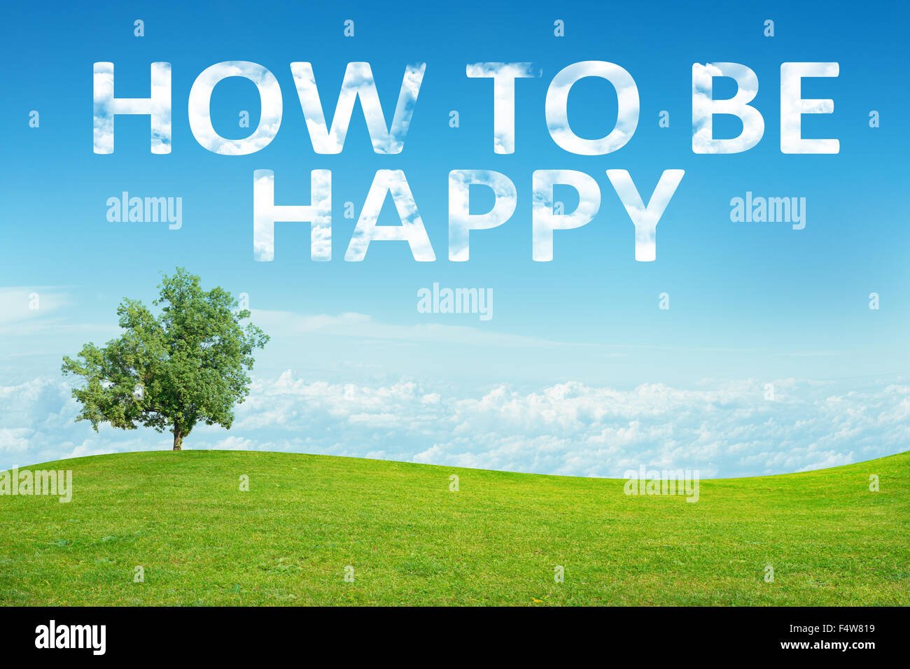 Landscape with words how to be happy Stock Photo - Alamy