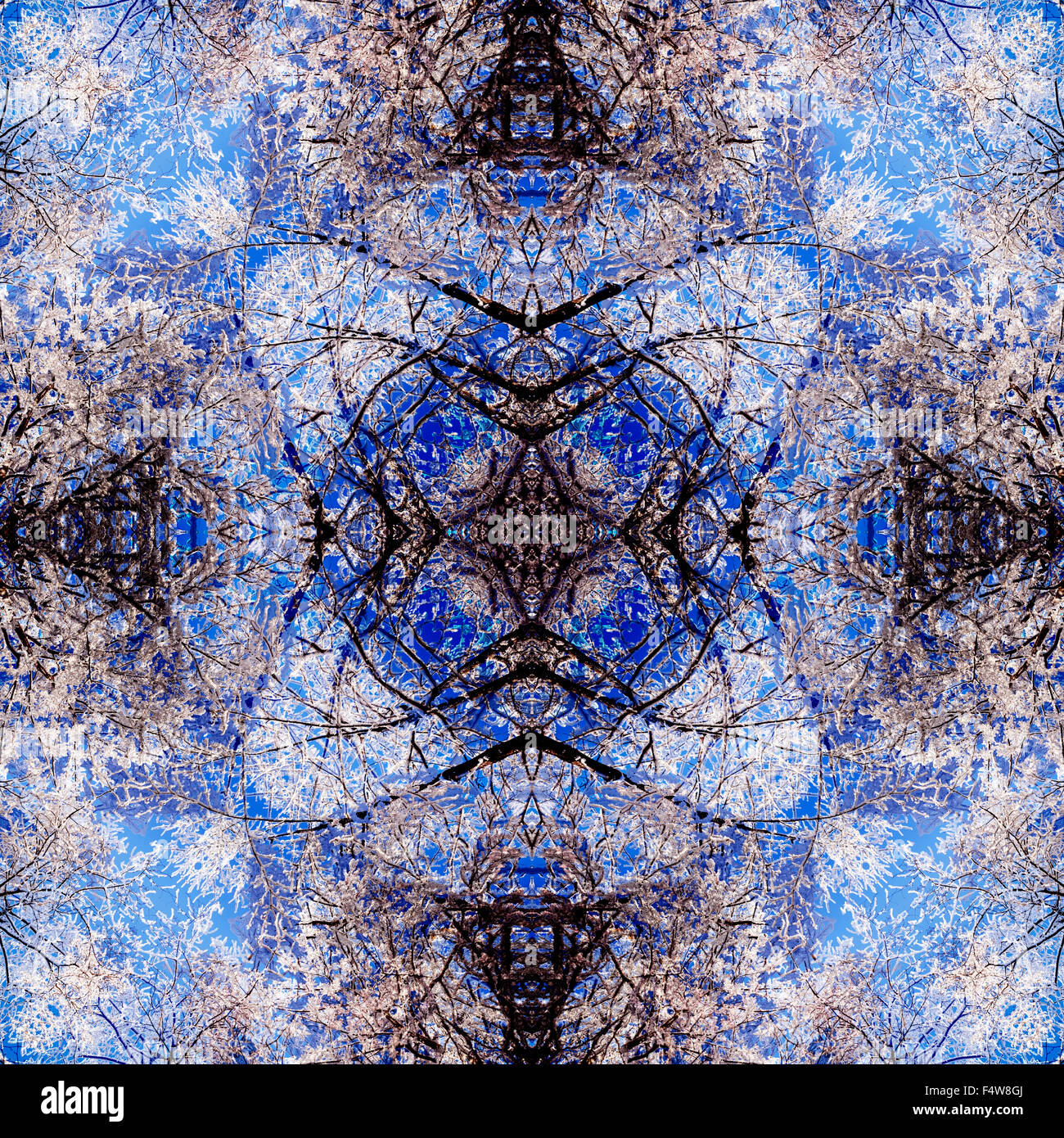 Symmetrical pattern in shades of blue, to the background or poster. The ...