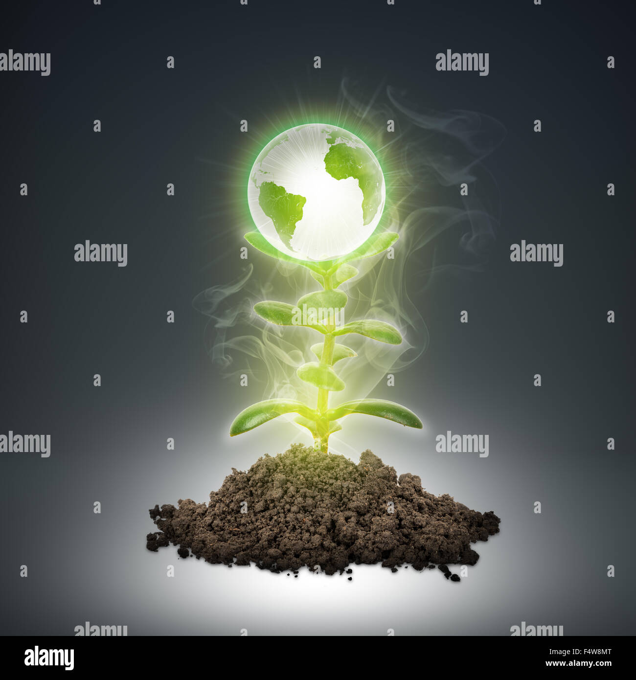 Ground with green plant and earth globe Stock Photo - Alamy