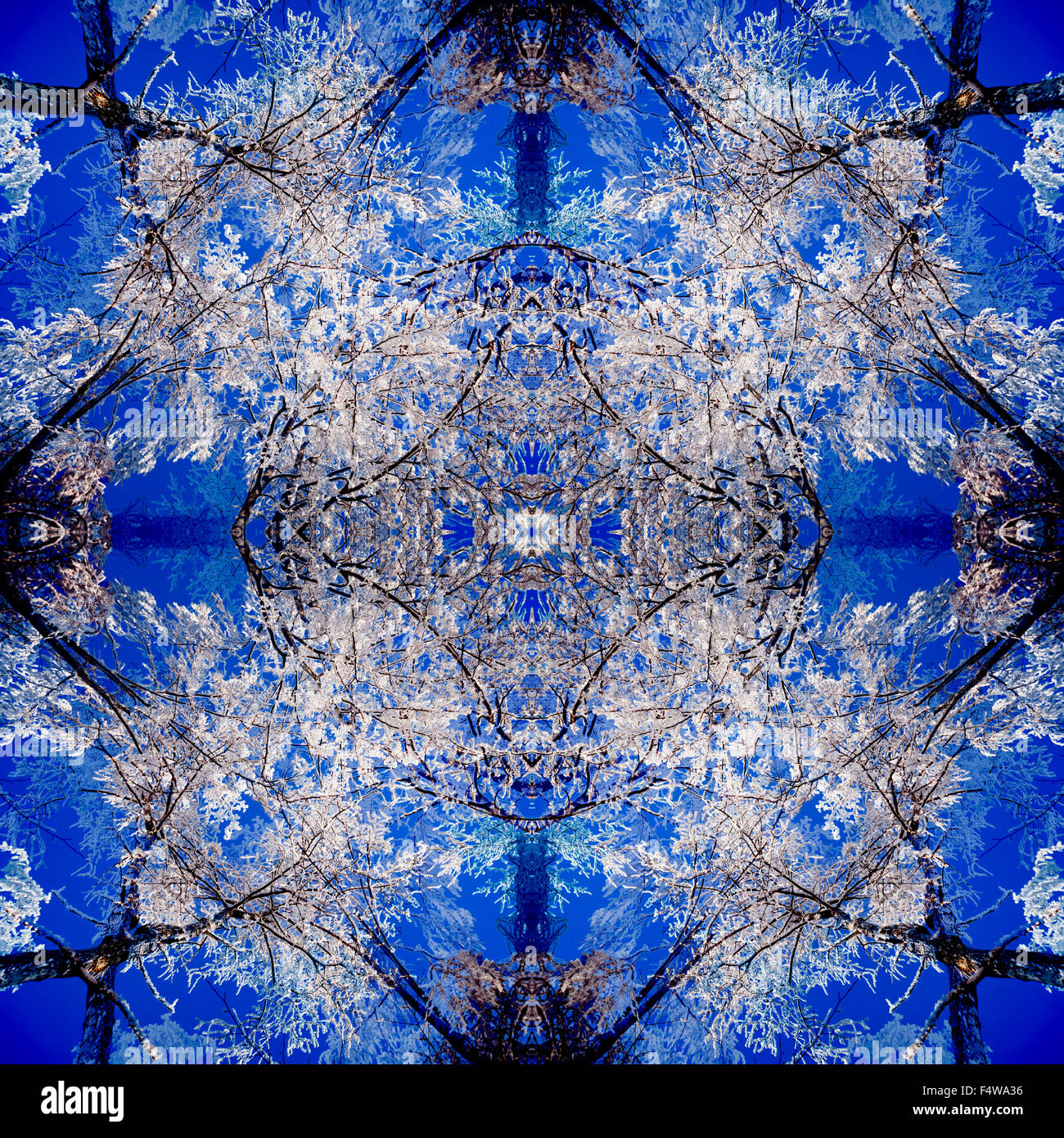 Symmetrical pattern in shades of blue, to the background or poster. The ...