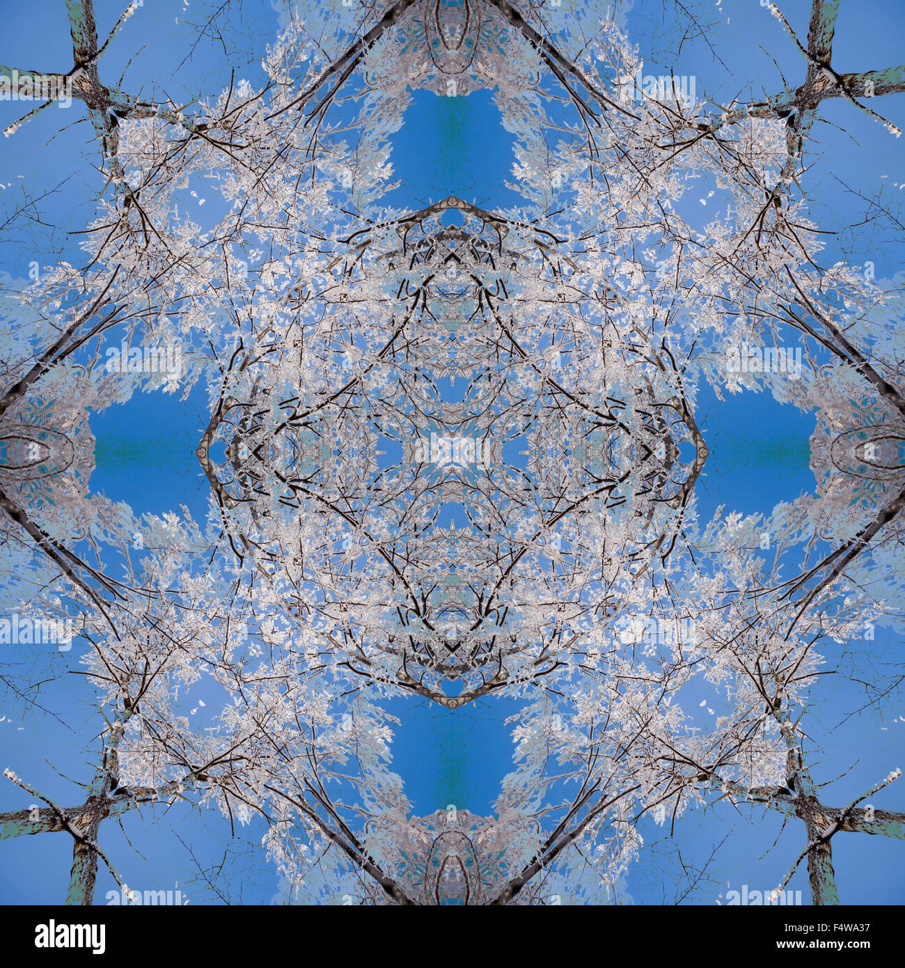 Symmetrical pattern in shades of blue, to the background or poster. The ...