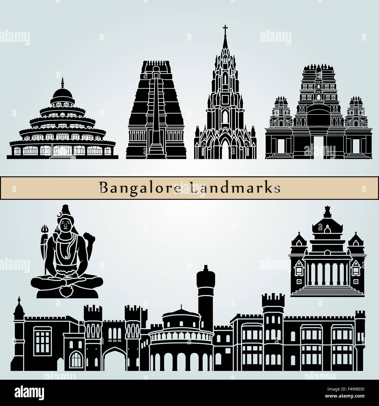 Bangalore landmarks and monuments isolated on blue background in ...