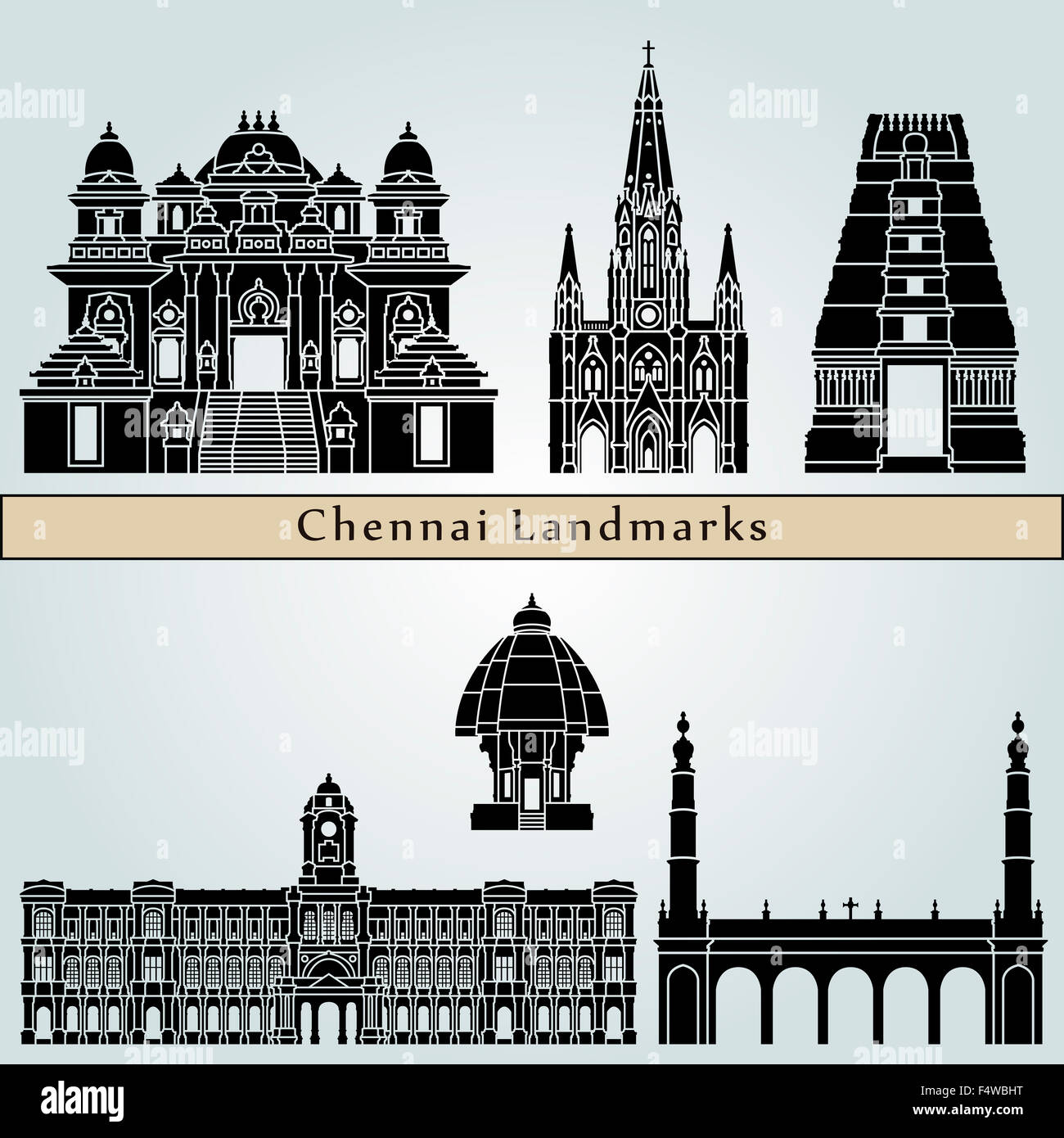 Chennai landmarks and monuments isolated on blue background in editable ...