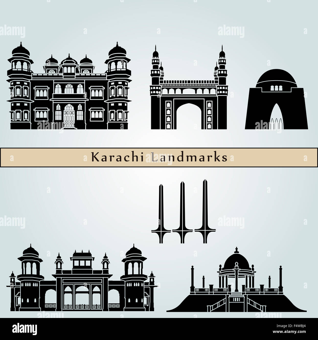 Karachi landmarks and monuments isolated on blue background in editable ...