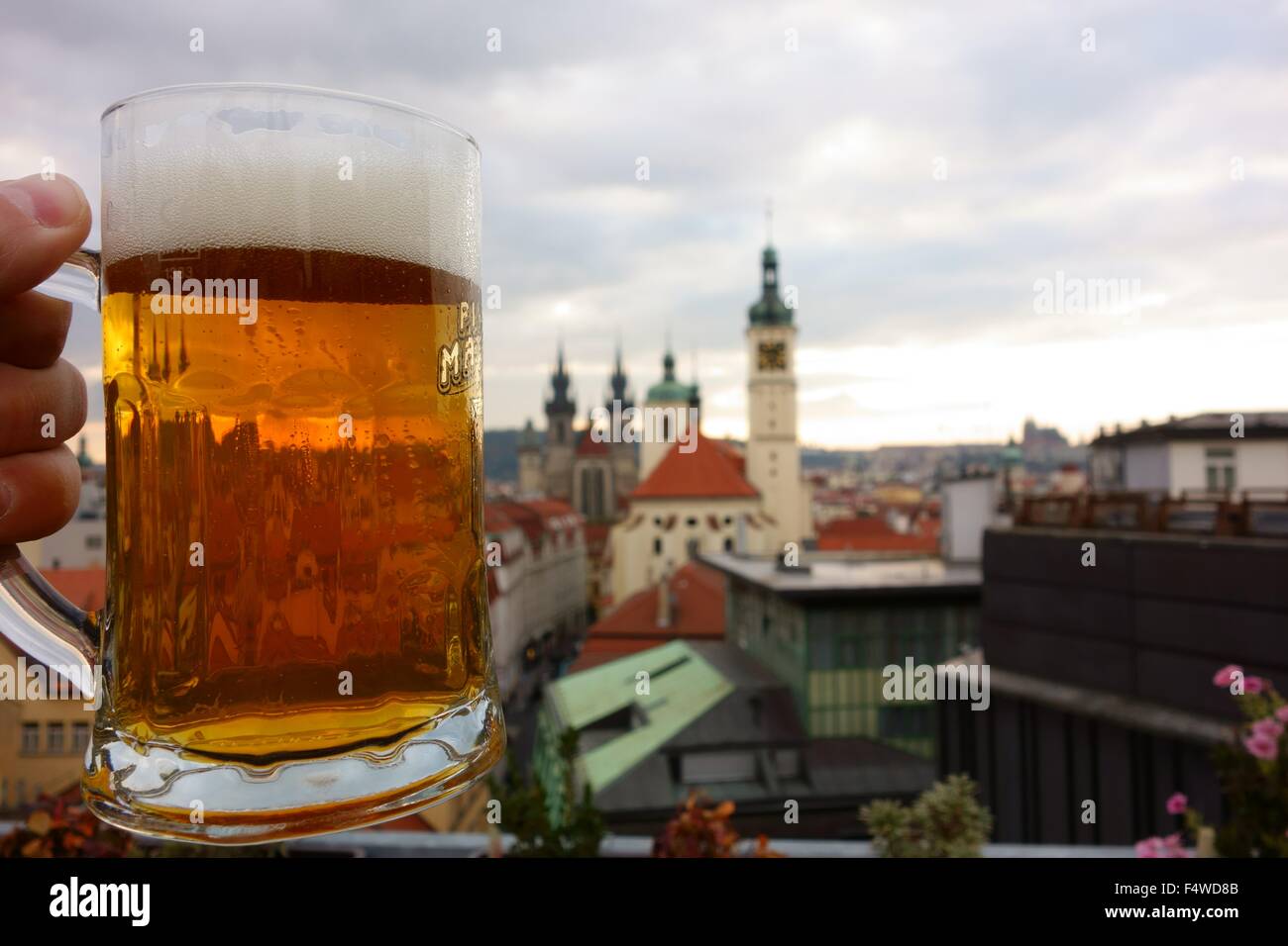 Pint of Czech beer on rooftop terrace in Prague, Czech Republic Stock ...
