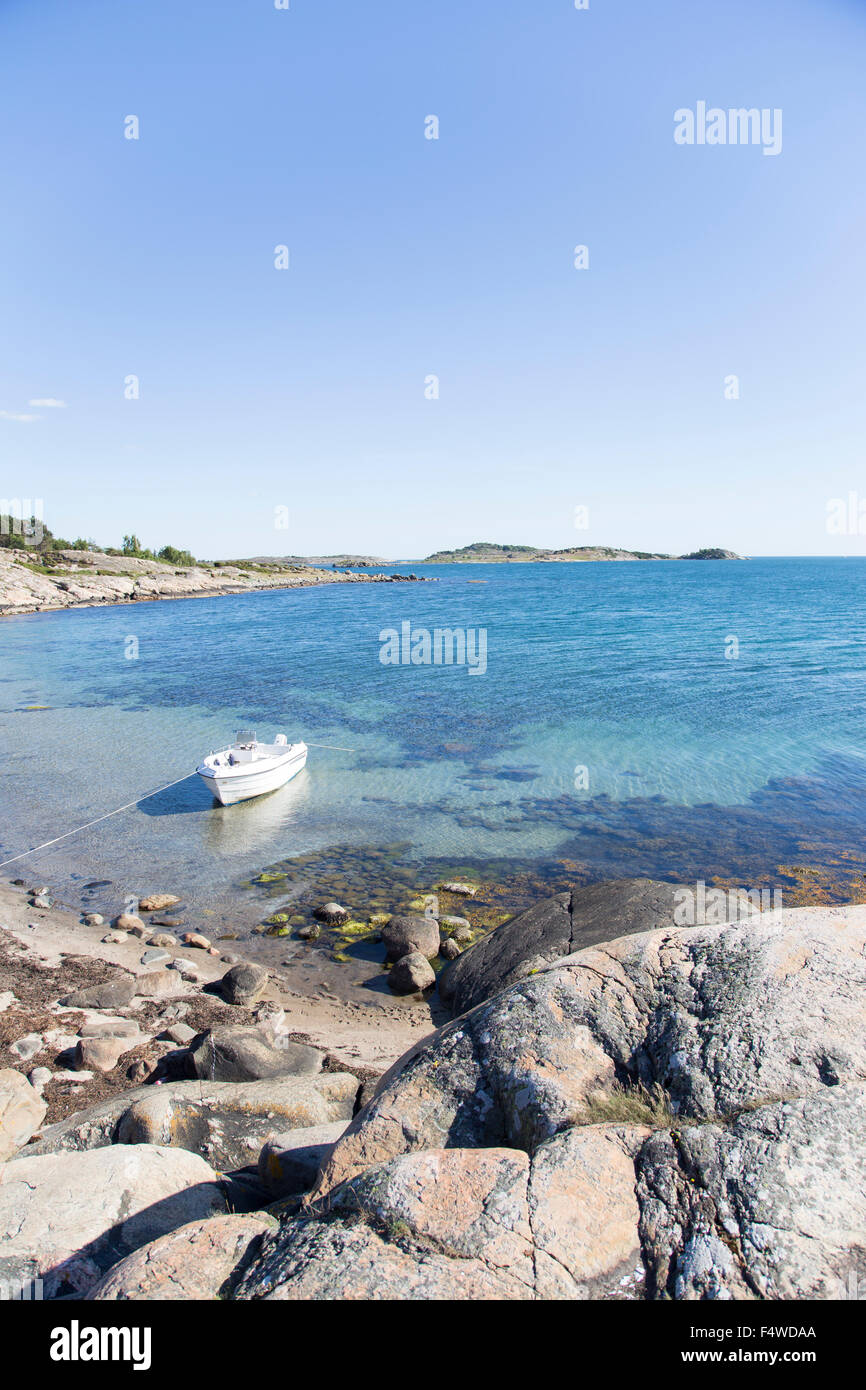 Boat moored on sea coast, Sweden, Swedish West Coast, Halland ...