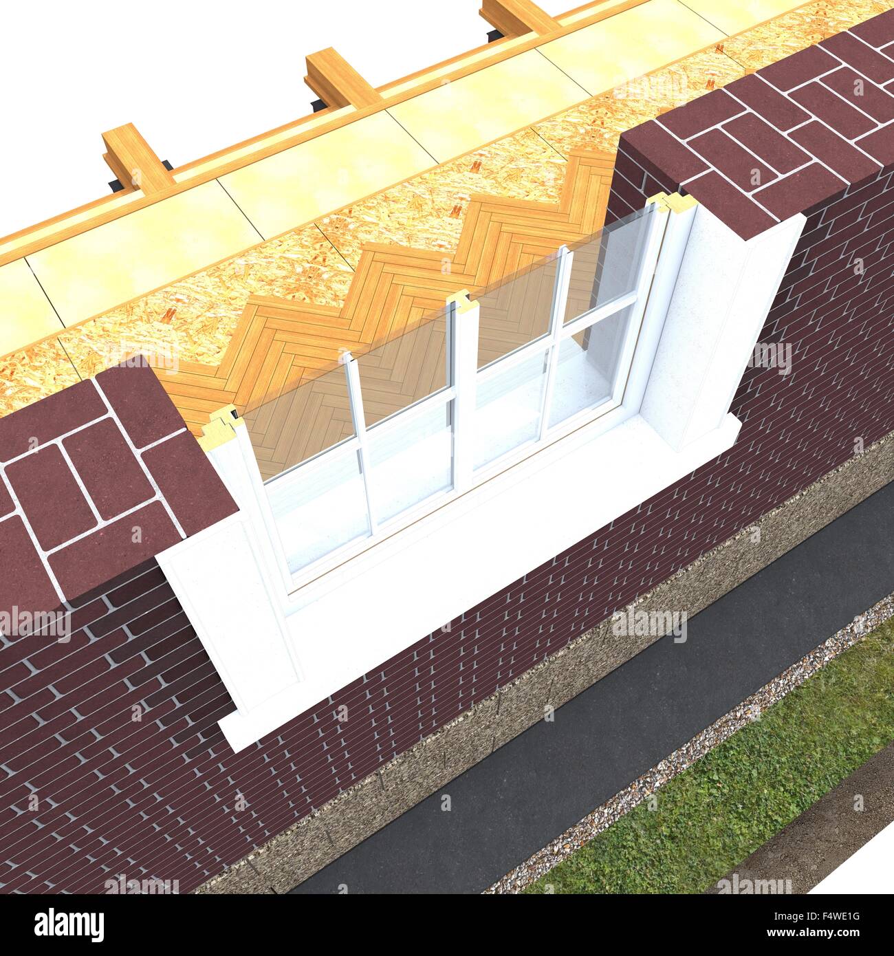 Cross section of wooden window with double glazing in brick wall Stock ...
