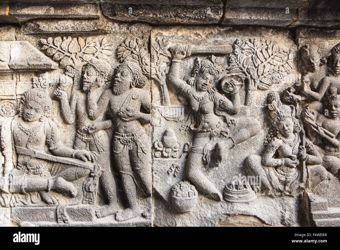 Bas relief showing Hindu mythology in Prambanan temple in Yogjakarta ...