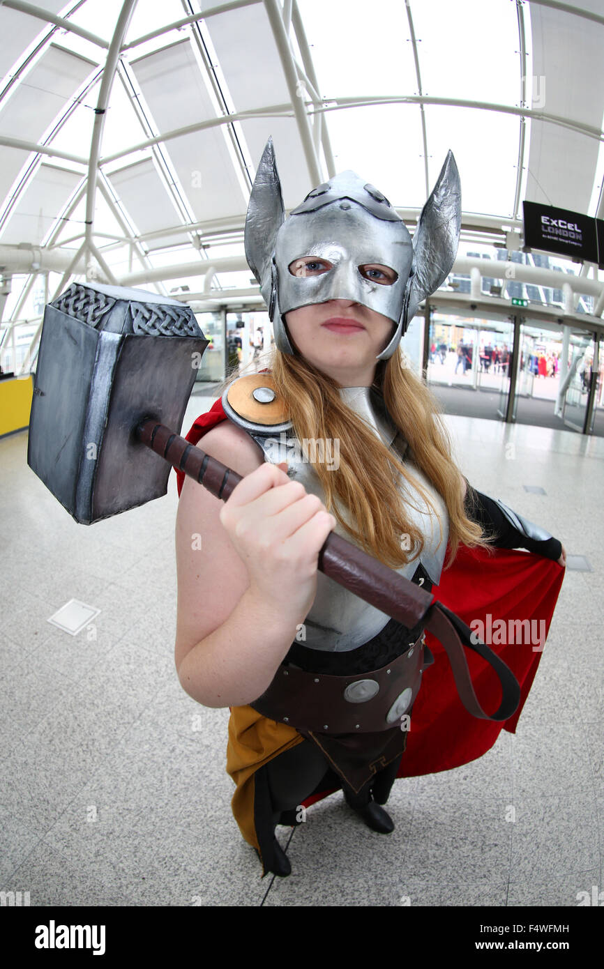 London, UK. 23rd October 2015. A female Thor shows off her hammer at ...