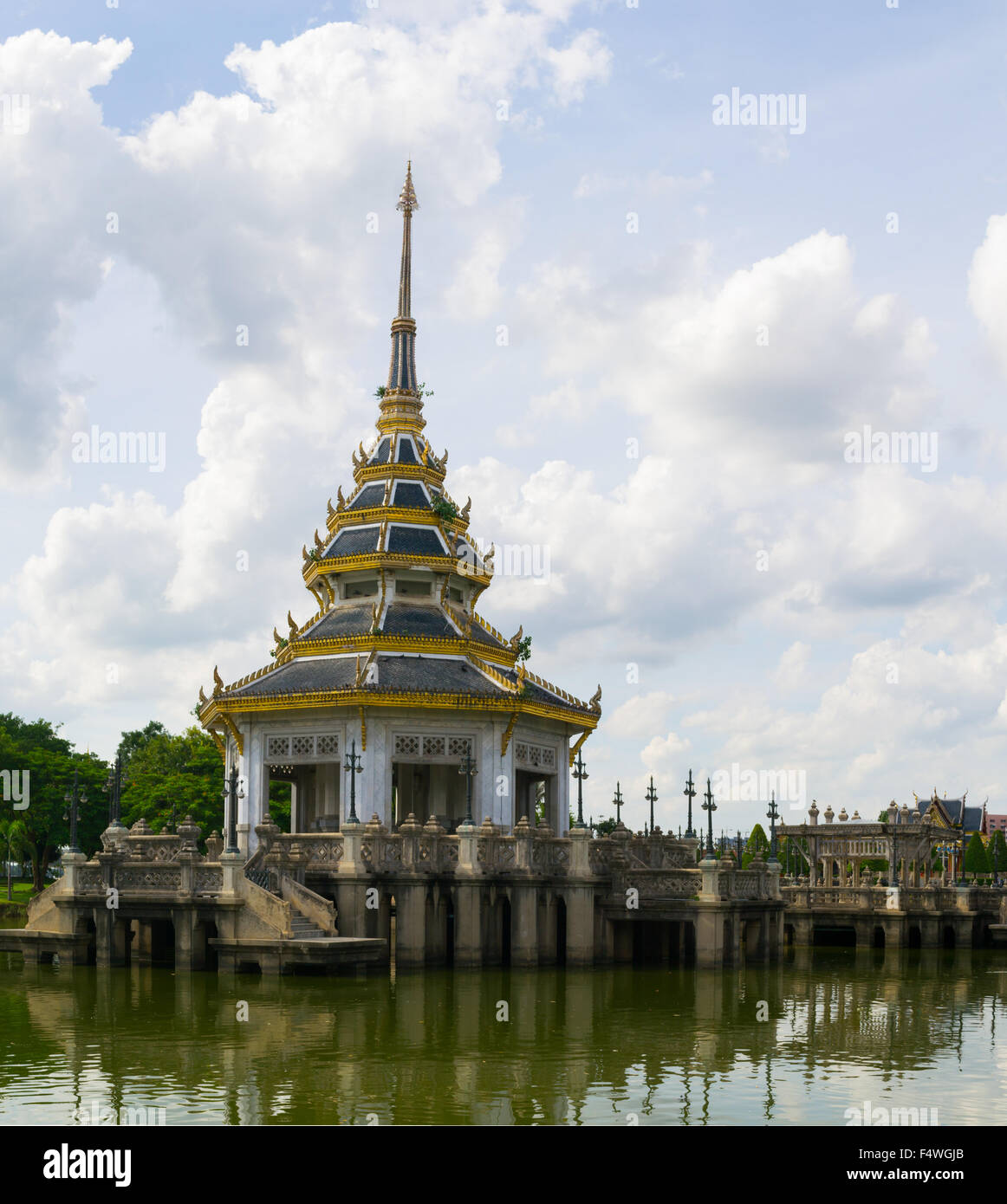 Buddhist temples in the water with blue sky in Bangkok, Thailand Stock ...