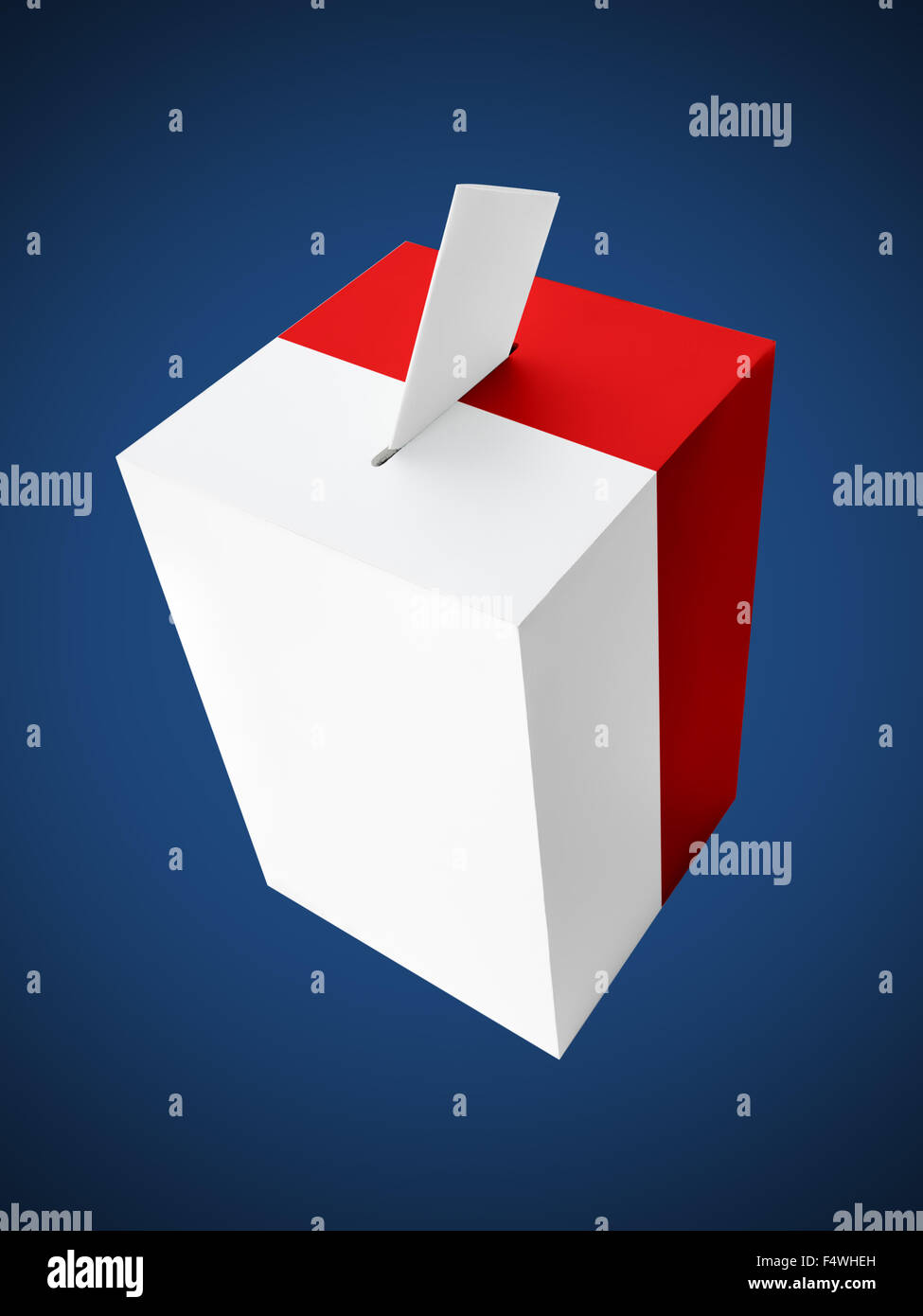 Polish red and white ballot box with voting card on dark blue ...