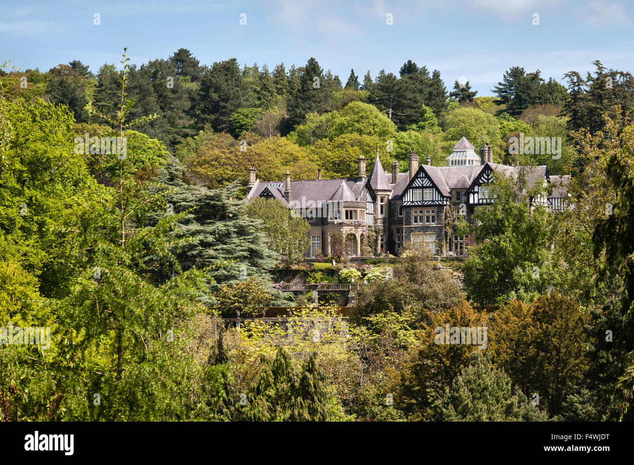 Bodnant Garden, Conwy, Wales, UK. Bodnant Hall, seen from across the ...