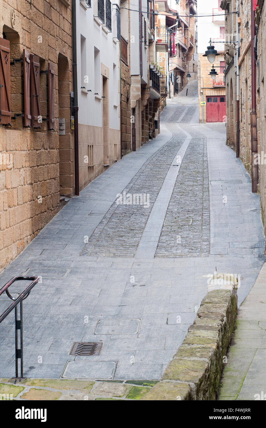 View of a old street without people in the oldtown in Orio. Basque ...