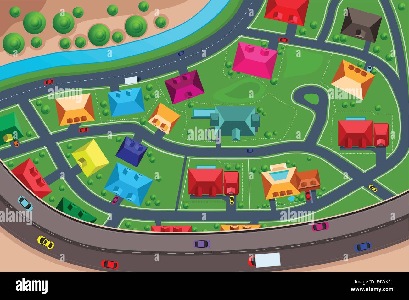 A vector illustration of houses in suburban viewed from above Stock ...