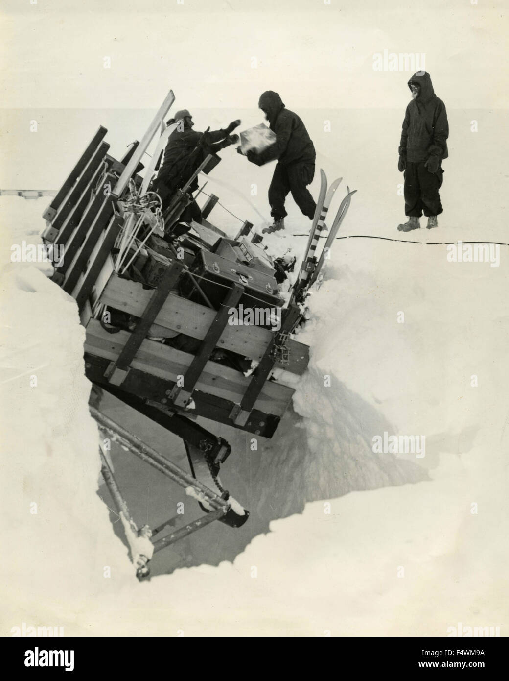 Sledge trapped in a crevasse during an expedition in Antarctica Stock ...