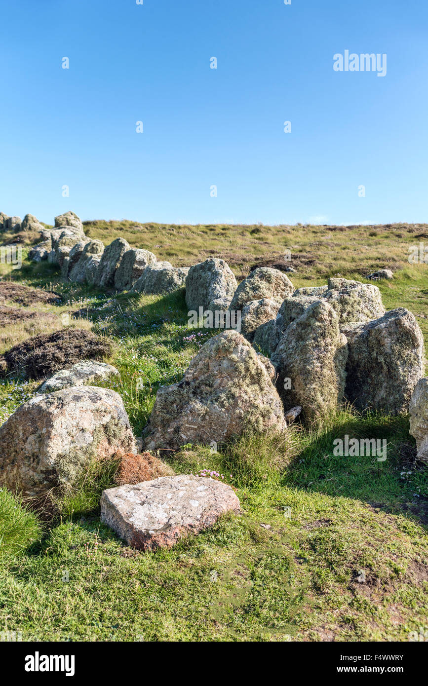 Rock fencing in a coastal landscape at Lands End, Cornwall, England, UK ...
