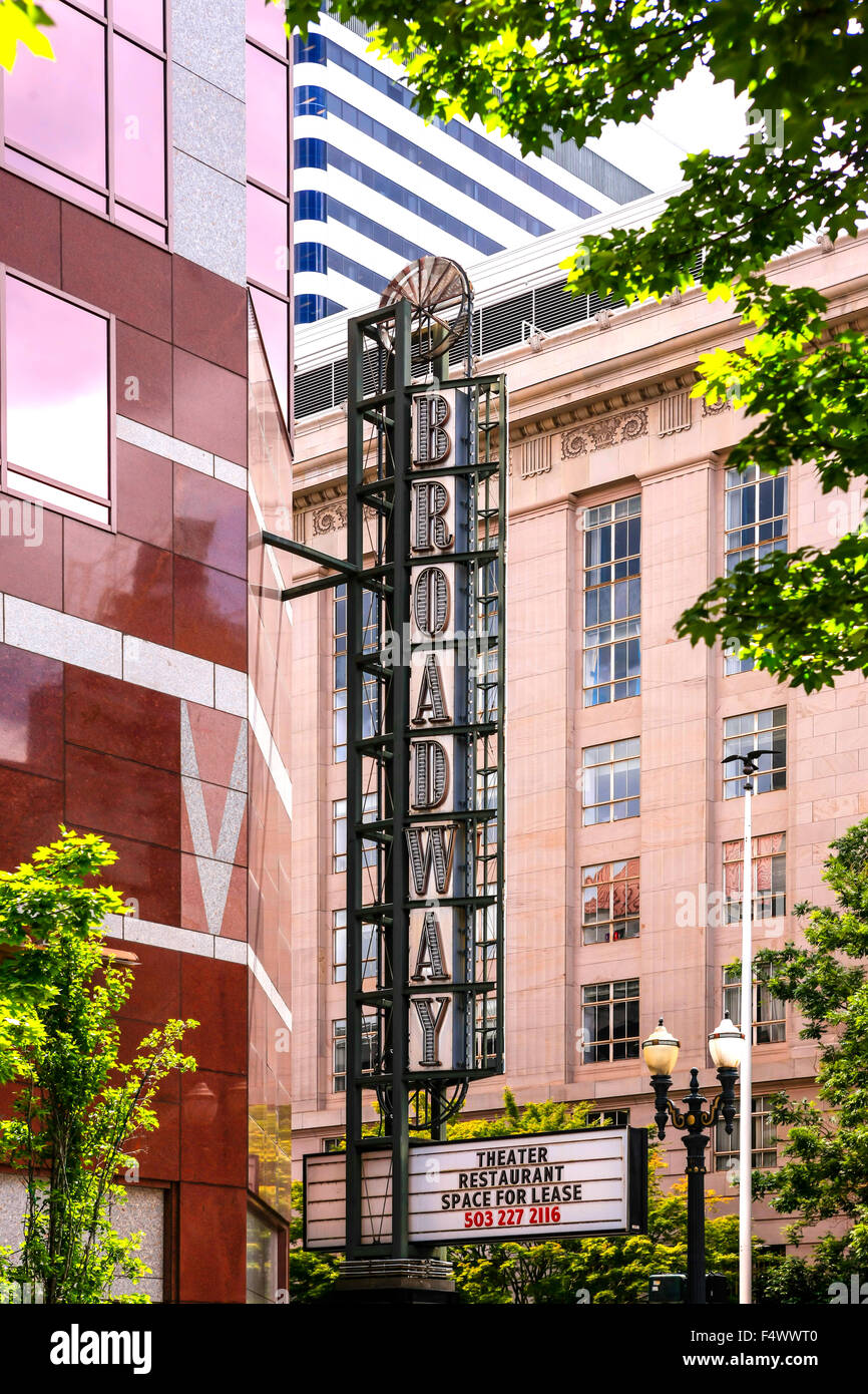 Broadway Vertical overhead sign in the theater district of Portland ...