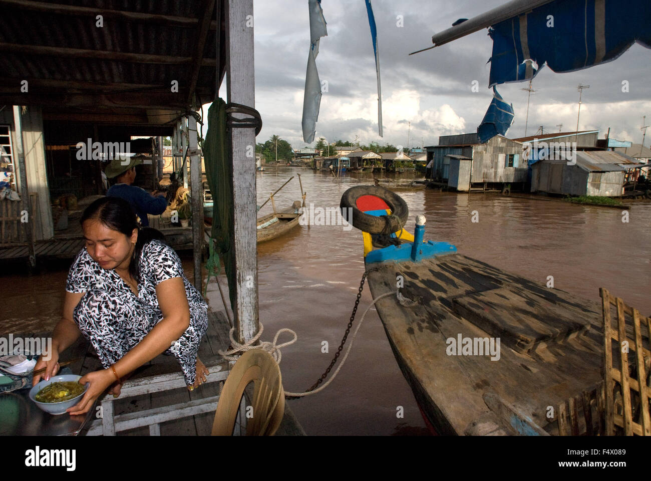 Houses of the fish farm. Phong Dien, Mekong Delta, Vietnam. Floating ...