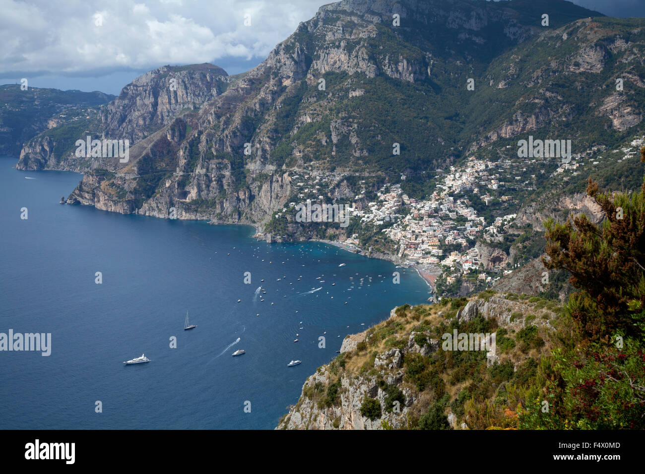 Distant view of Positano, Amalfi Coast Italy, with sea and boats Stock ...
