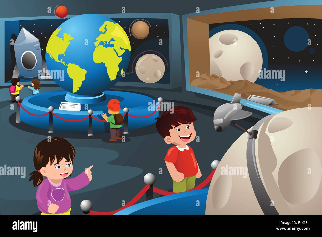 A vector illustration of happy kids on field trip to a planetarium ...