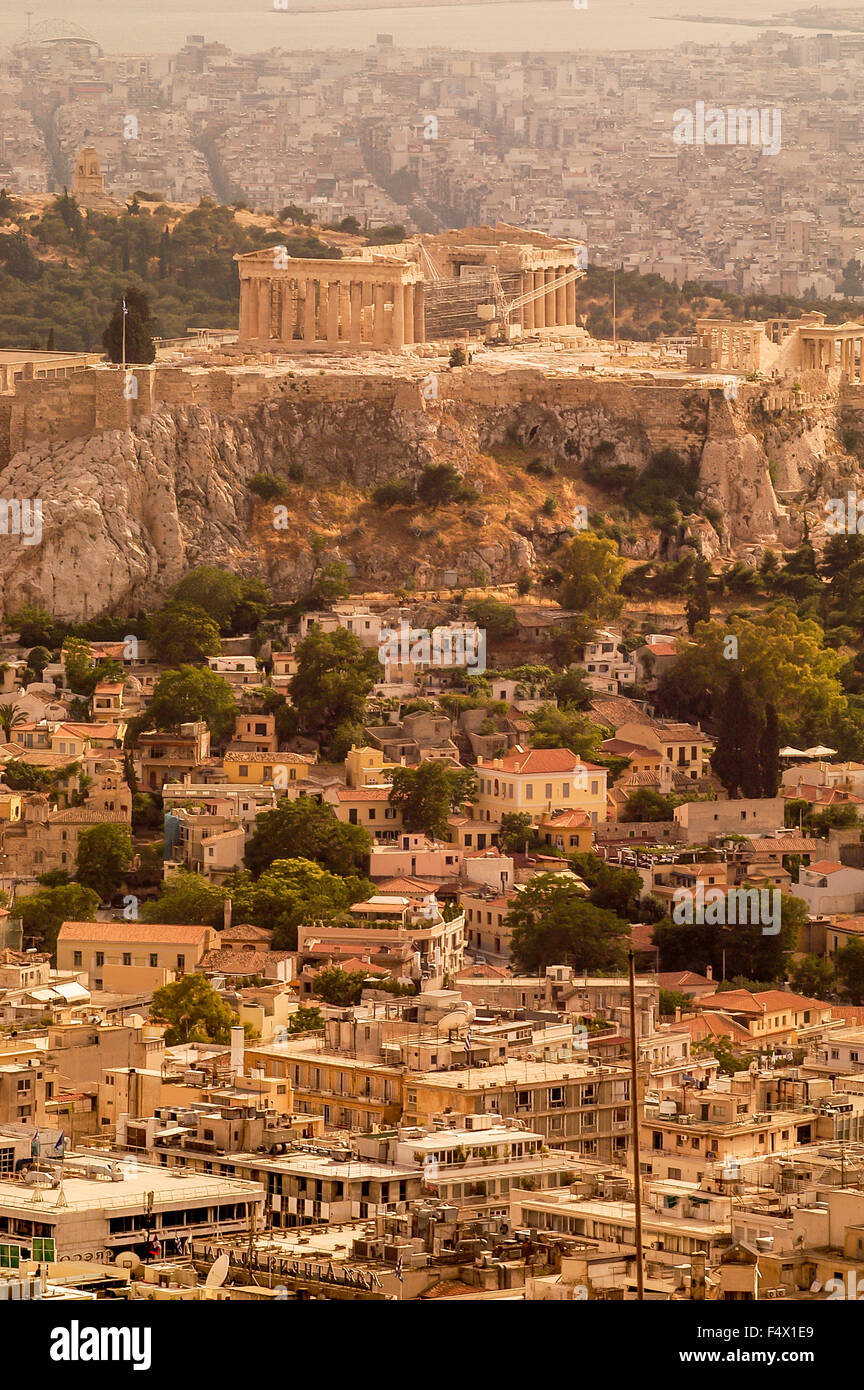 Cityscape over Athens in Greece, including the Acropolis and Parthenon ...