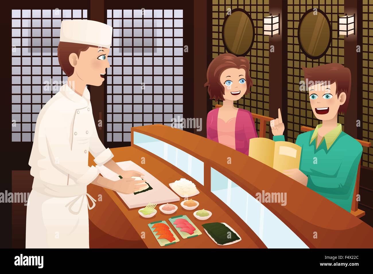A vector illustration of customers ordering sushi in a restaurant Stock ...