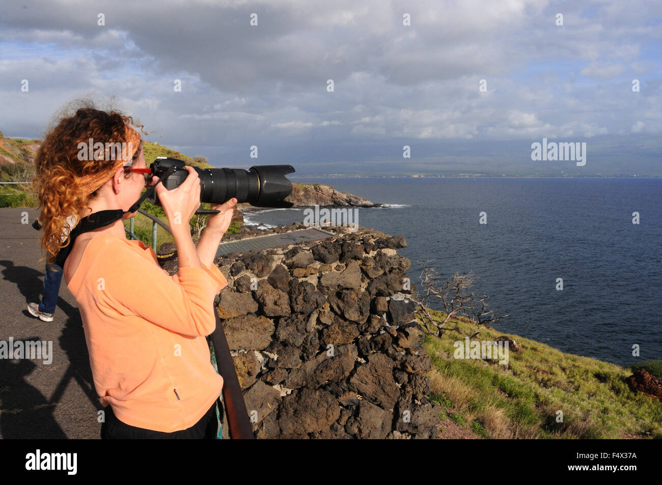 Woman take pictures in Papawai Point beach. Maui. Hawaii. The Pacific ...