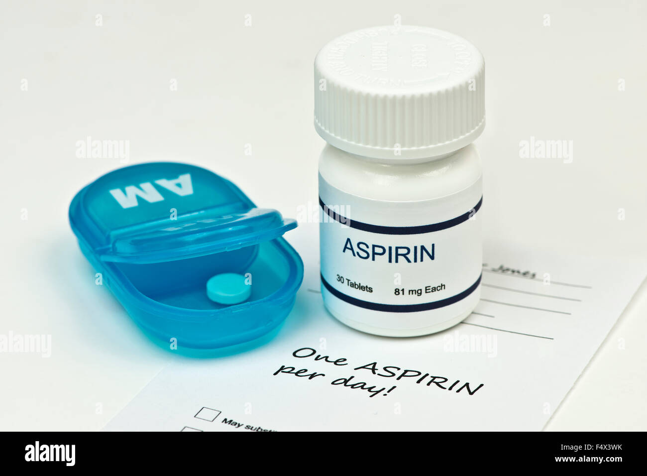 Daily aspirin tablet with aspirin bottle, container, and prescription ...