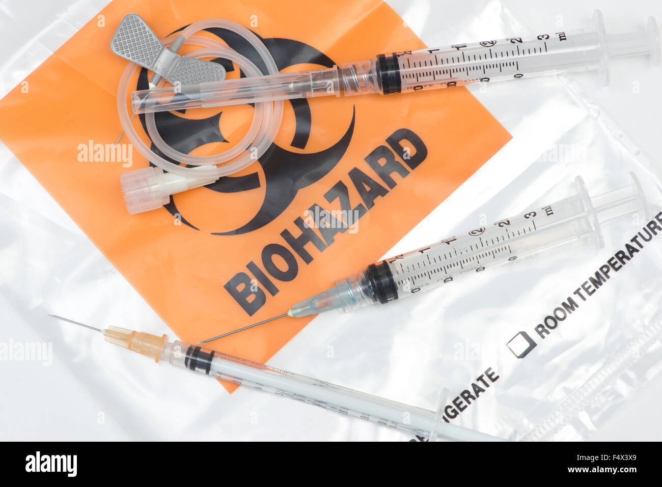 Biohazard waste bag with used syringes, and IV needles Stock Photo - Alamy