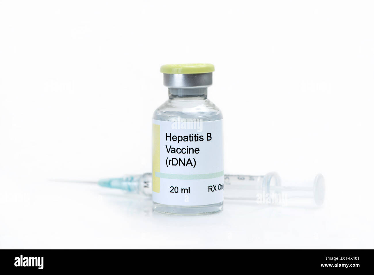 Hepatitis B vaccine vial with syringe on white background. Label is ...