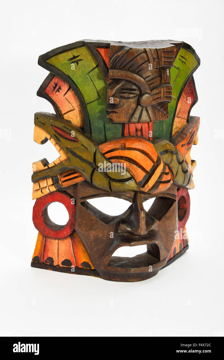 Indian Mayan Aztec wooden mask with anaconda and jaguar isolated on ...
