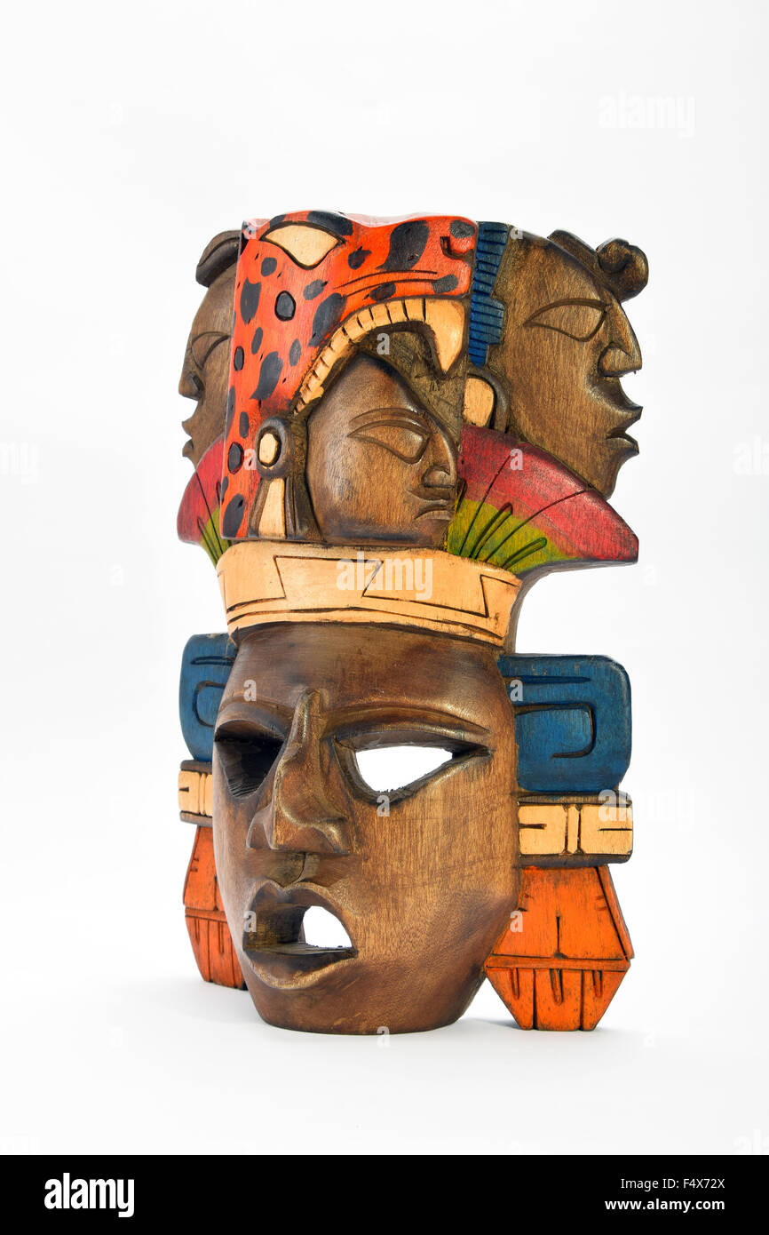 Indian Mayan Aztec wooden painted mask with roaring jaguar and human ...