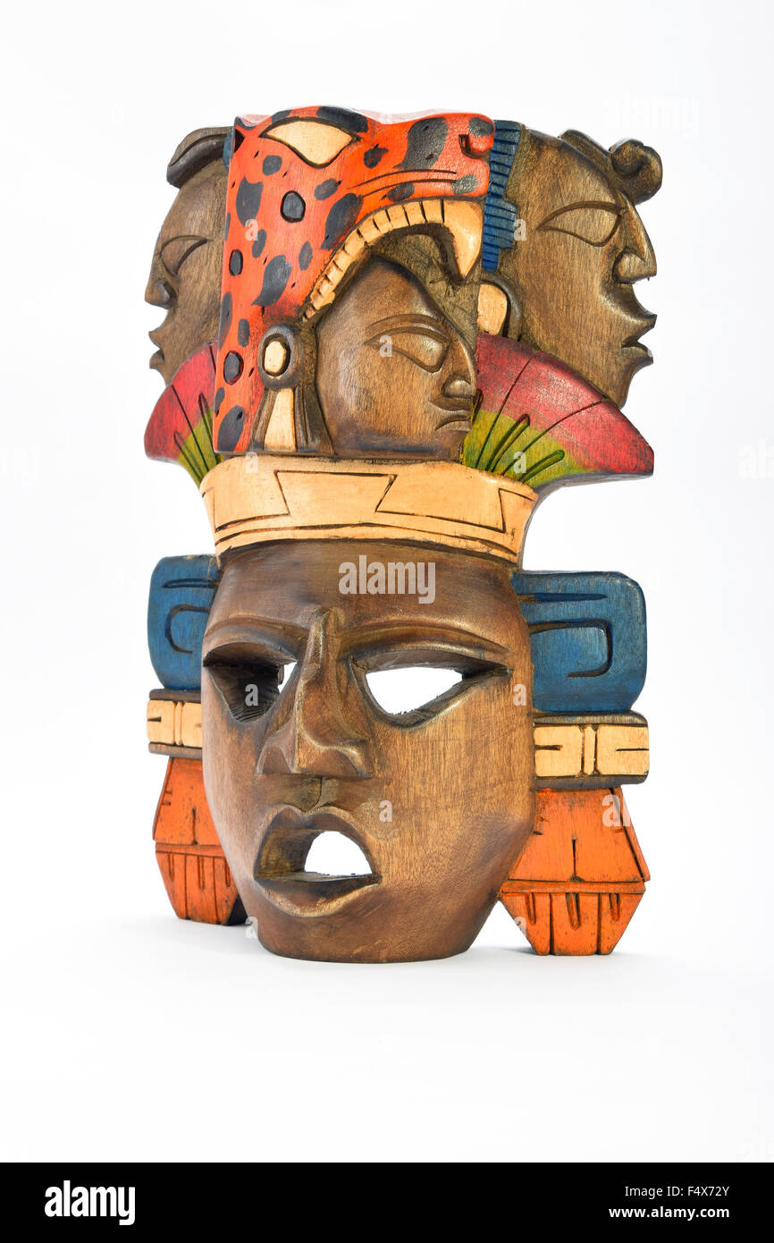 Indian Mayan Aztec wooden painted mask with roaring jaguar and human ...