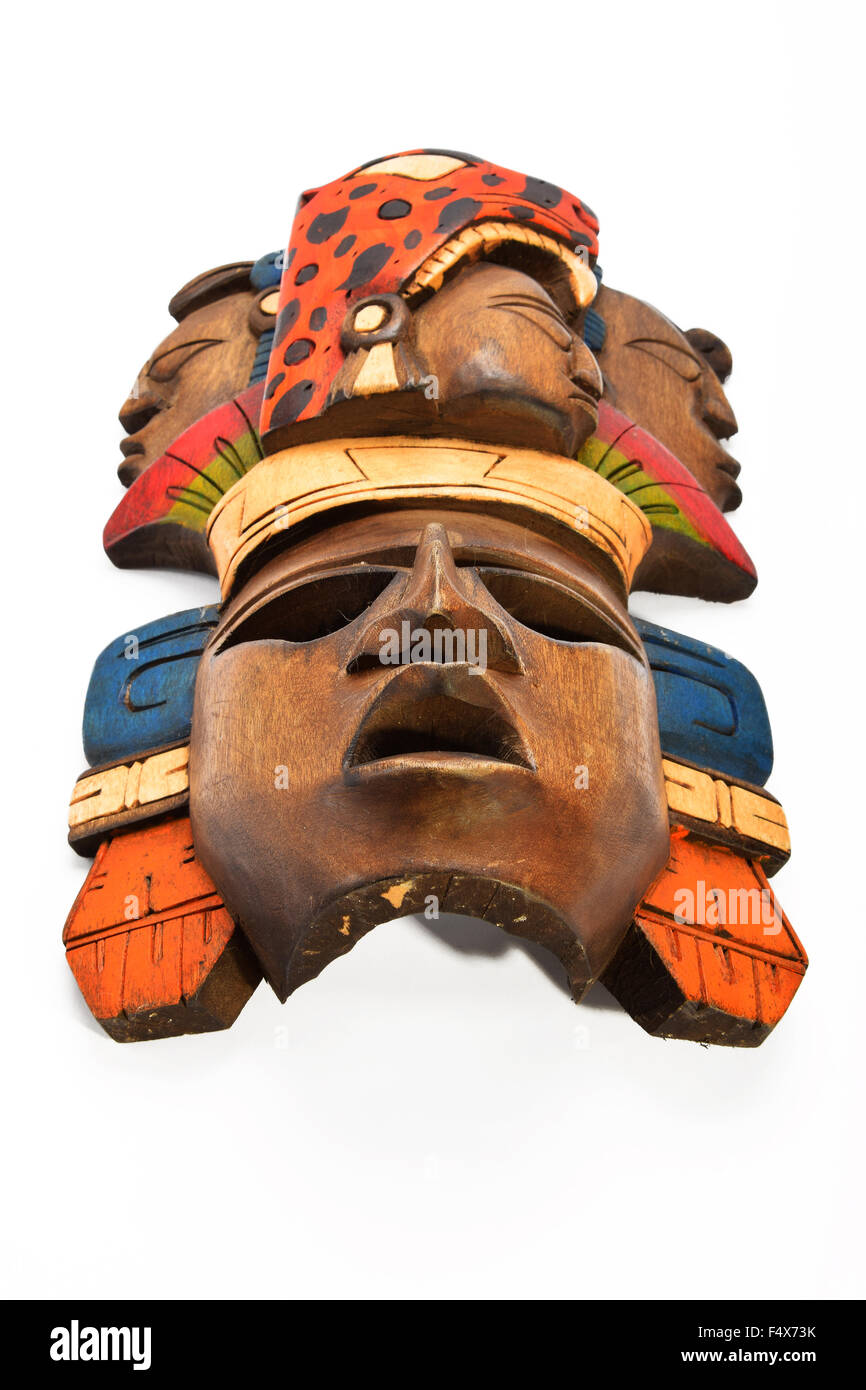 Indian Mayan Aztec wooden painted mask with roaring jaguar and human ...