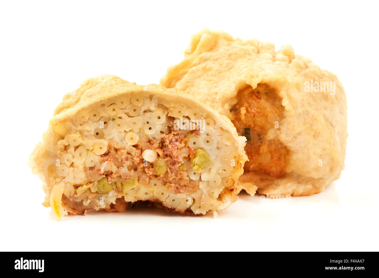 Neapolitan frittatine (deep fried pasta balls) on a white background ...
