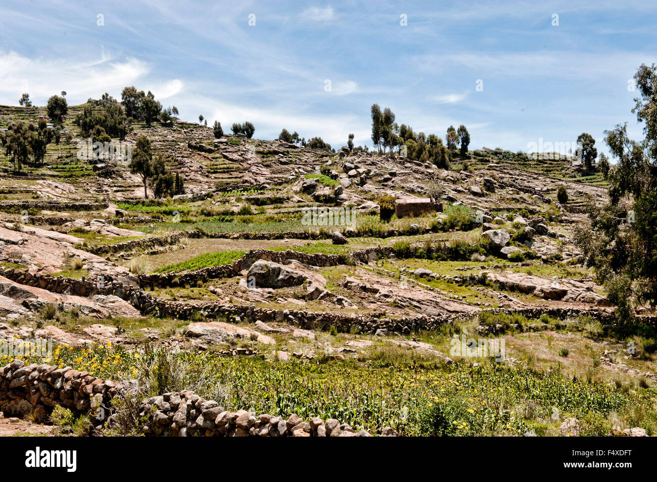 Taquile Island on a summer day in Peru facing Bolivia in South America ...