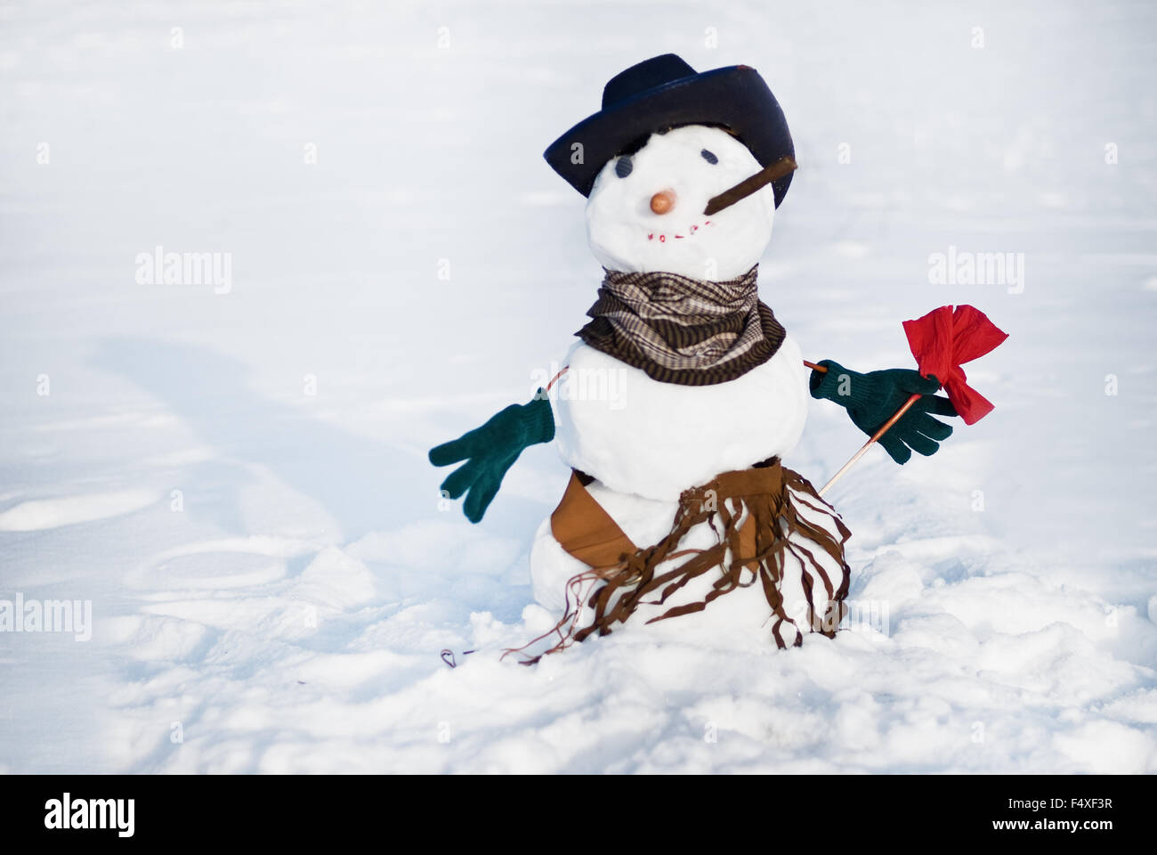 Snowmen-cowboy with flower, hat and smoking cigar Stock Photo - Alamy