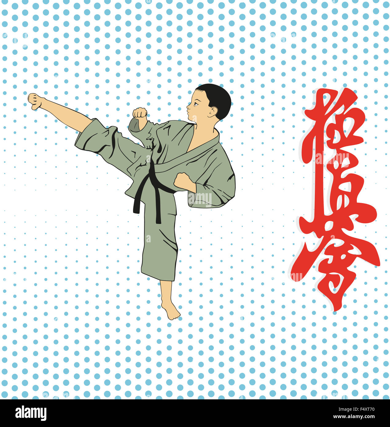 The boy shows karate on a light background Stock Photo - Alamy