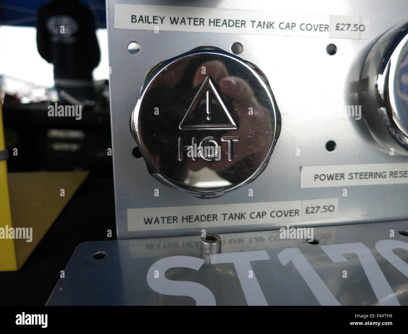 Caution Hot chromed water header tank cover on display at autojumble ...