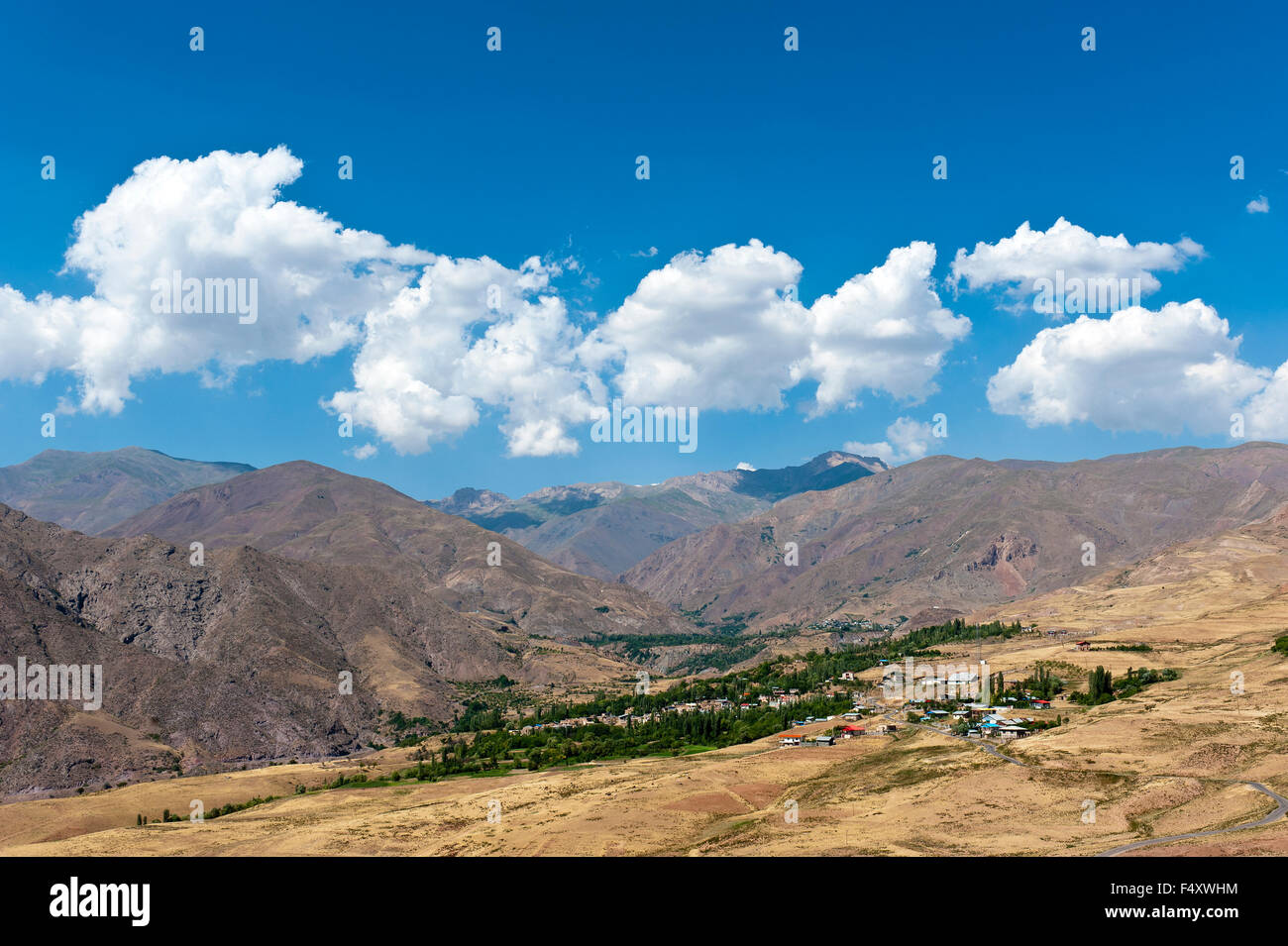 View of villages Koushk and Zavardasht in mountain landscape at Ovan ...