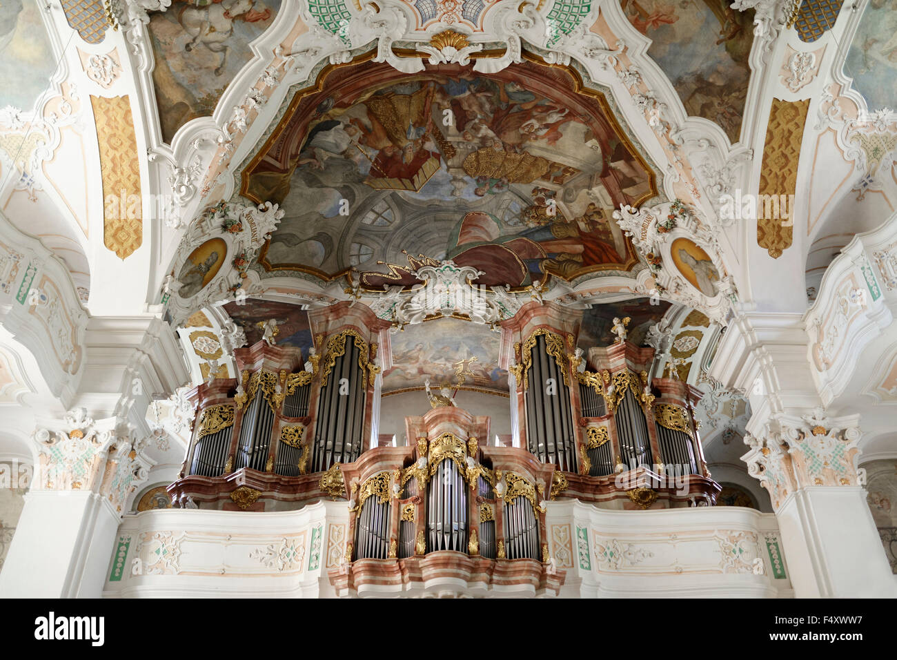 View of the organ loft, Benedictine Beuron Archabbey in the Danube ...