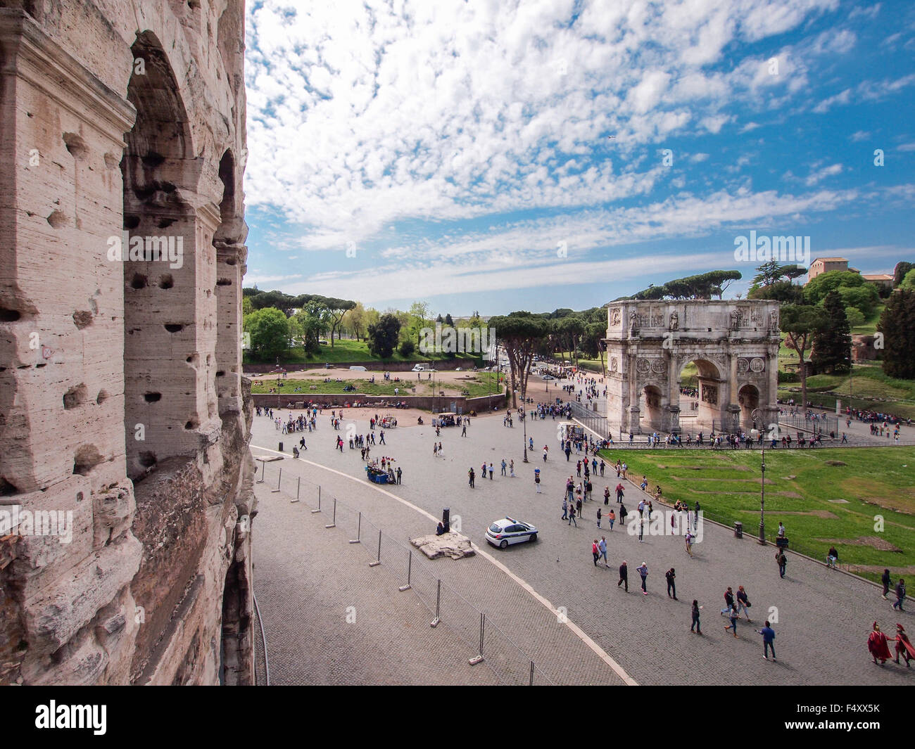 Ancient Roman landmark Arch of Constantine, seen from an opening of the ...