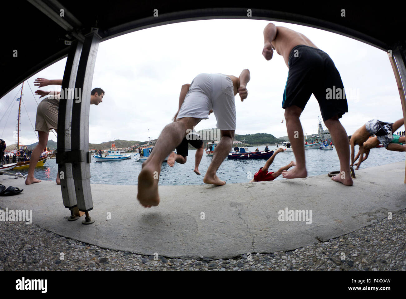 Diving for the cross, on Epiphany Day celebration, in Myrina's city ...
