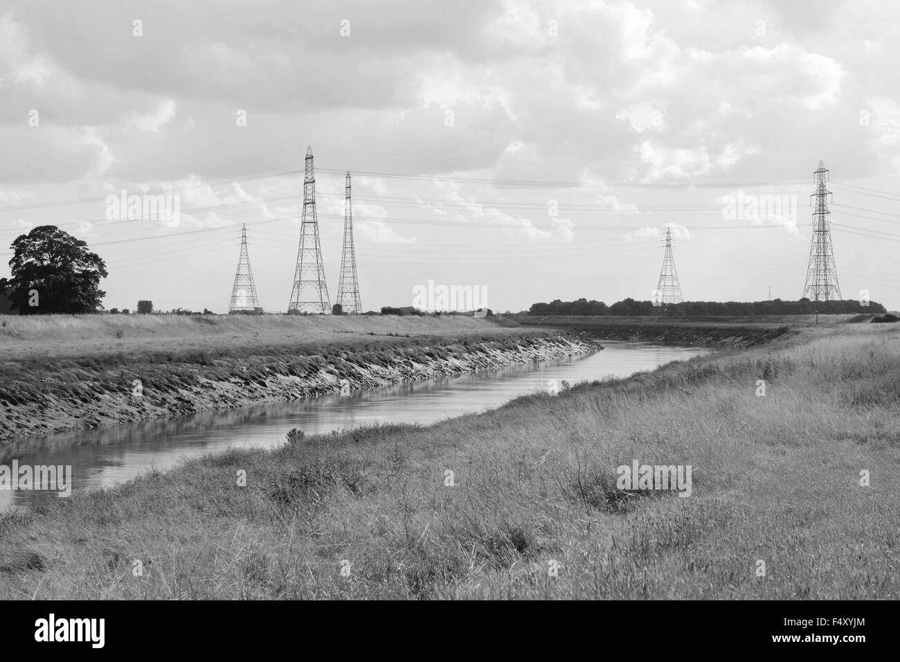 Overhead power lines span the River Nene at Foul Anchor, Cambridgeshire ...